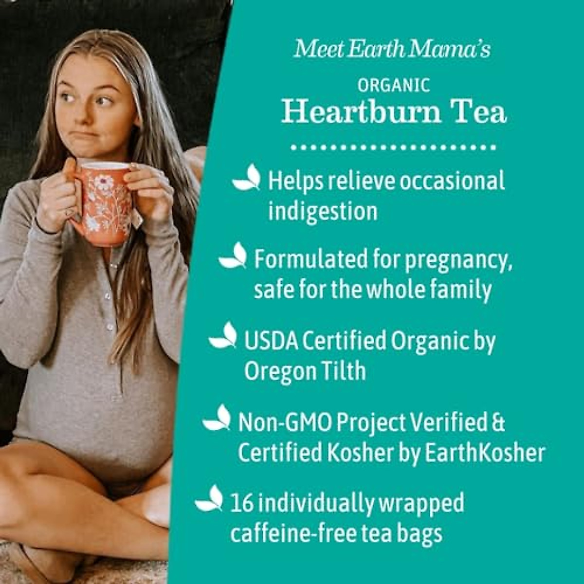 Earth Mama Organic Heartburn Tea | Pregnancy-Safe Soothing Herbal Blend with Marshmallow Root, Lemon Balm & Chamomile, 16 Teabags Per Box (3-Pack)