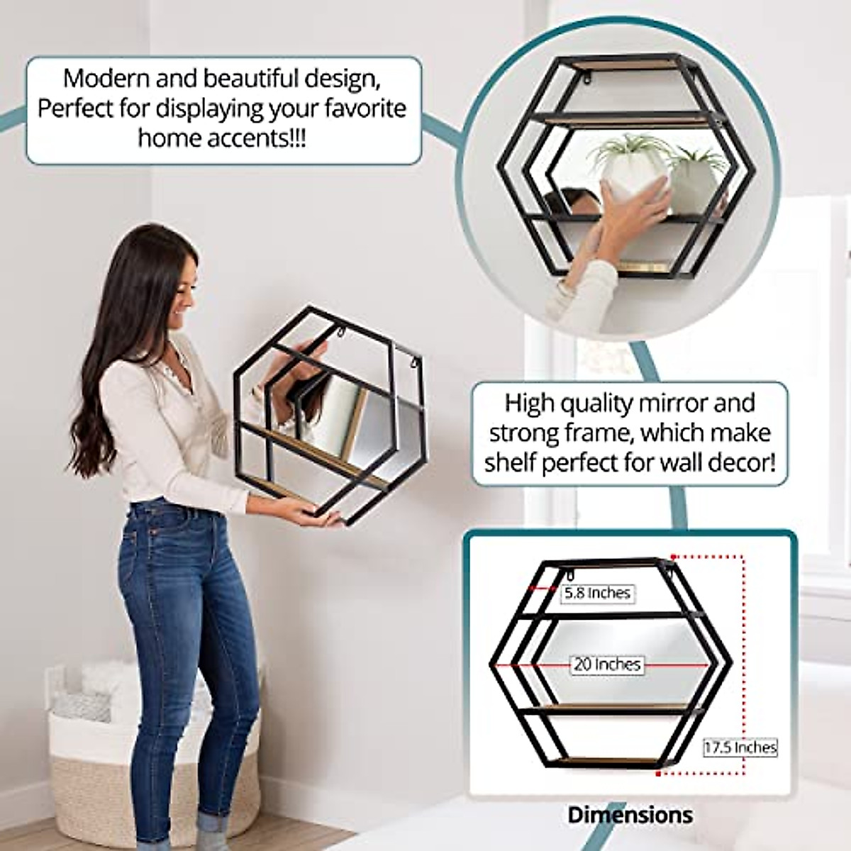 Metal Hexagon Shelf with Mirror – 4-Tier Industrial Iron Farmhouse Hexagonal Floating Shelving for Bedroom, Bathroom, Living Room & Office – 20 x 5.8 x 17.4 Inches, Black Frame with Brown Shelves