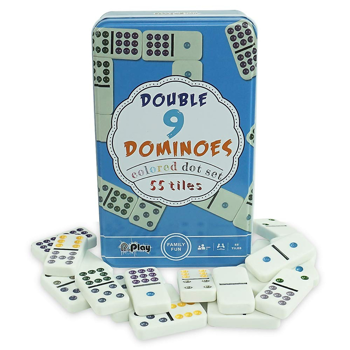 PUREPLAY Classic Double 9 Color Dot Dominoes Game Set,55 Pieces Dominoes Tiles with Tin Box,Double 9 Dominoes for Adults, Family Game Nights,Friends Gathering,Party Favors,Travel