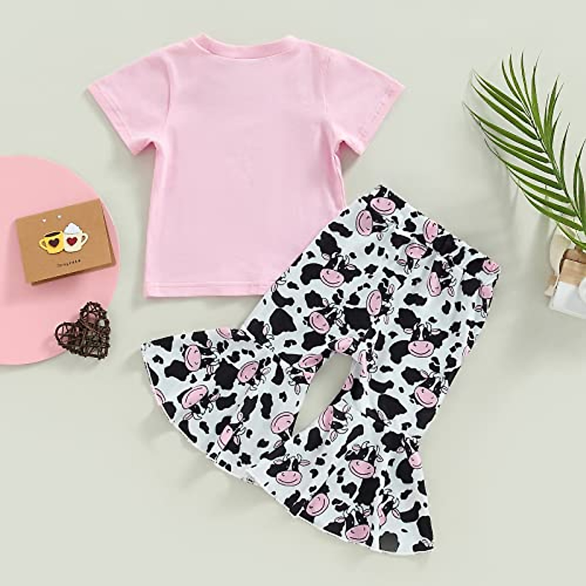 Western Baby Girl Outfits Funny Letter T Shirt Top+Cow Print Long Flare Pants Set Summer Spring Clothes 2Pcs (Pink Peace Love Moo, 18-24 Months)
