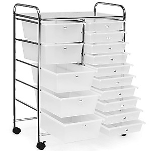 Byroce 15-Drawer Storage Rolling Cart, Mobile Classroom Craft Organizer for Art Supplies, Tools & Paper, Multipurpose Storage Cart on Wheels for School, Home Office (Clear)