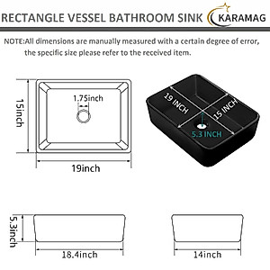 KARAMAG Black Vessel Sink,Rectangle 19"x15" Bathroom Sink Above Counter Porcelain Ceramic Small Sink Bowl Ceramic Vessel Sinks for Bathrooms