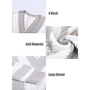 Elapsy Women‘s Casual Long Sleeve Oversized Knit Sweaters Striped Blockcolor V Neck Loose Lightweight Knited Sweater Pullover Sweater Gray L