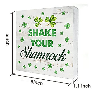 Shake Your Shamrock Wood Box Sign Home Decor Rustic St. Patrick's Day Quote Wooden Box Sign Block Plaque for Wall Tabletop Desk Home Office Decoration 5" x 5"