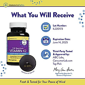 InnovixLabs Full Spectrum Vitamin K2 with MK-7 and MK-4, All-Trans Bioactive K2, 600 mcg K2 per Pill, Soy & Gluten Free, Non-GMO, 90 Capsules, Supports Healthy Bones & Arteries Vitamin K2 MK7 + MK4
