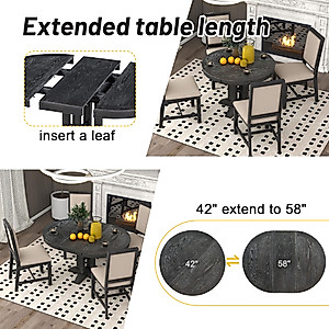 VilroCaz Farmhouse 5-Piece Dining Table Set, Extendable Round Table and 4 Upholstered Chairs, Solid Wood Dining Set of 5, Seats up to 6 People for Kitchen Dining Room (Black-e)