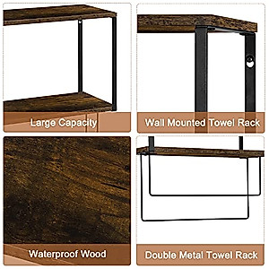 ETELI Bathroom Wall Shelf 2 Tier Towel Rack with Shelf Wall Mount Wood Storage Rack with Towel Bar, Brown