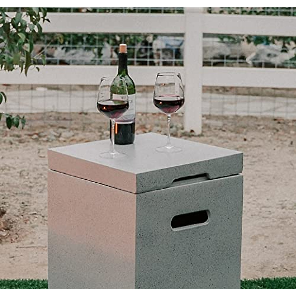 Kante 23.6" H Square Light Gray Eco-Friendly Concrete/Metal Outdoor Patio Backyard UV and Weather Resistant Modern Propane Tank Cover Storage Box for Gas Fire Pit, Hideaway Side Table,RMFP-T01-81904