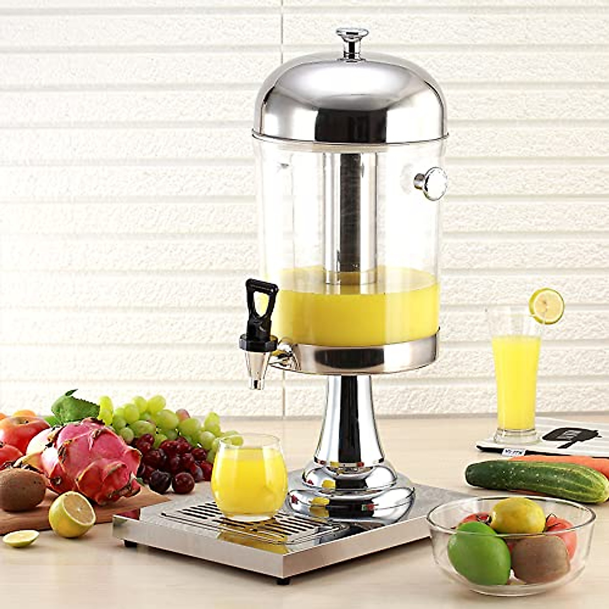 FIPUEN Single Beverage Dispenser, 2Gal/8L Stainless Steel Drink Dispenser, Juice Dispenser With Drip Trays, Central Cube for Insulation/Heating/Cooling, Suitable for Restaurant Home Hotel Party Bar