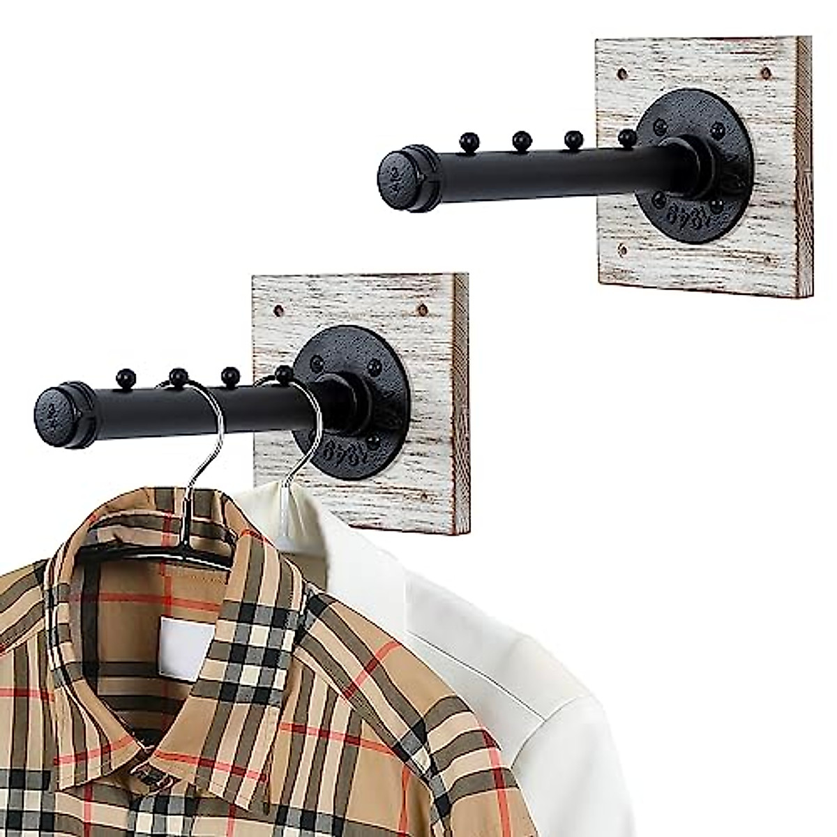 MyGift Wall Mounted Shabby White Washed Wood and Industrial Matte Black Metal Pipe Valet Bar, Clothing Hanger Rack with 4 Garment Hanging Hooks, Set of 2