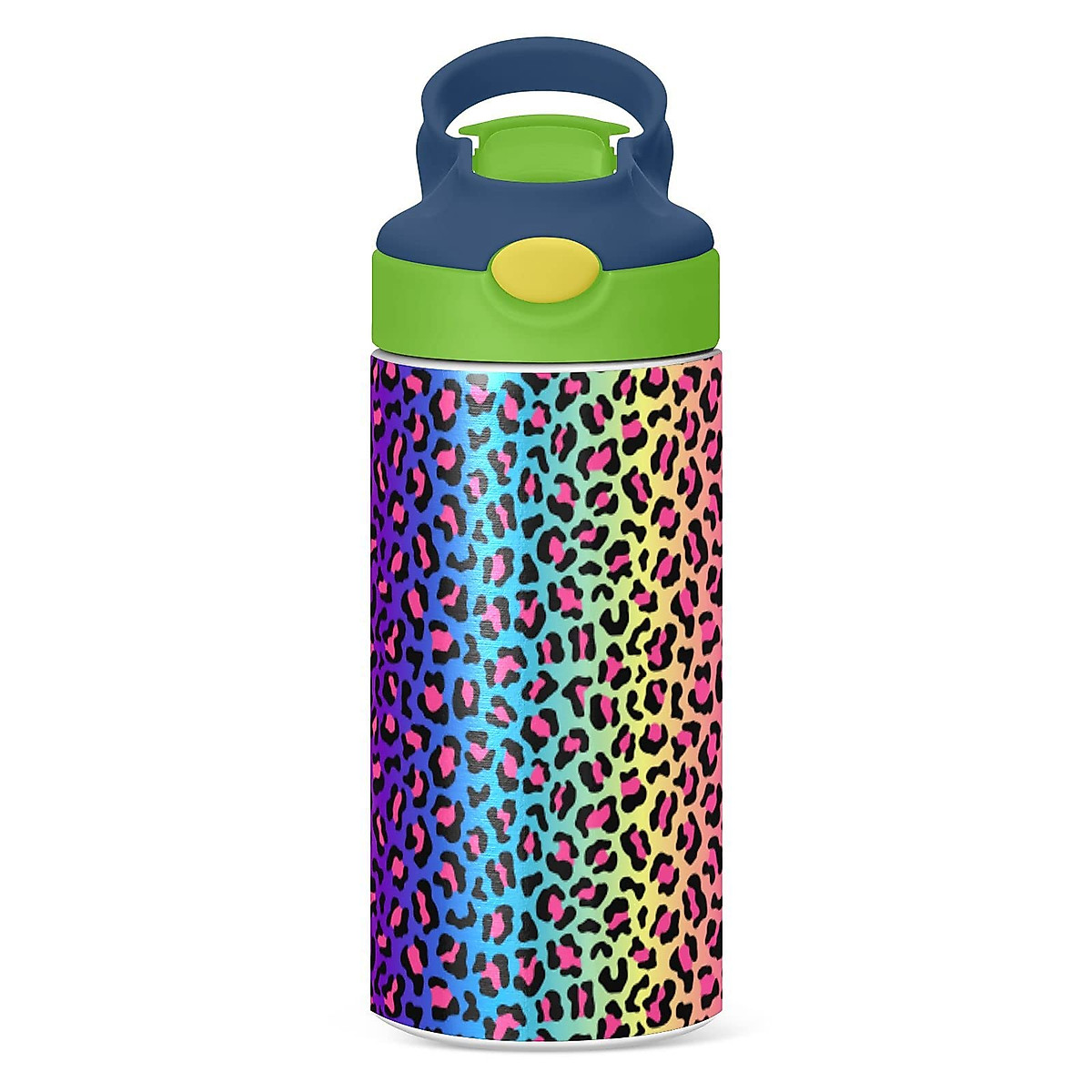 ALAZA Neon Rainbow Leopard Cheetah Kids Water Bottles with Lids Straw Insulated Stainless Steel Water Bottles Double Walled Leakproof Tumbler Travel Cup for Girls Boys Toddlers 12 oz / 350 ml,Green
