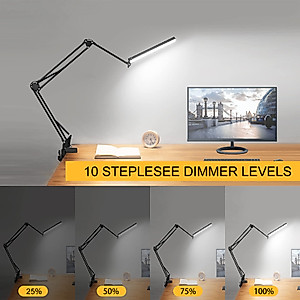 Desk Lamps for Home Office, 2-in-1 LED Desk Lamp, 3-Section Long Arm Desk Light with Clamp and Base, Adjustable Table Lamp with 3 Colors Modes, 10 Dimmer Levels and Memory Function
