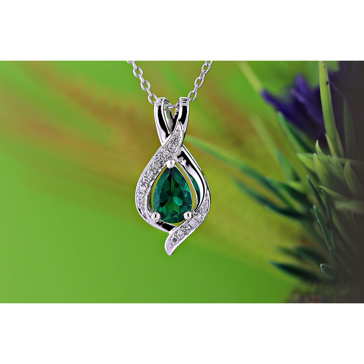 Dazzlingrock Collection 9x6 mm Pear Lab Created Emerald & Round White Diamond Swirl Teardrop Pendant with 18 inch Silver Chain for Women in 10K White Gold
