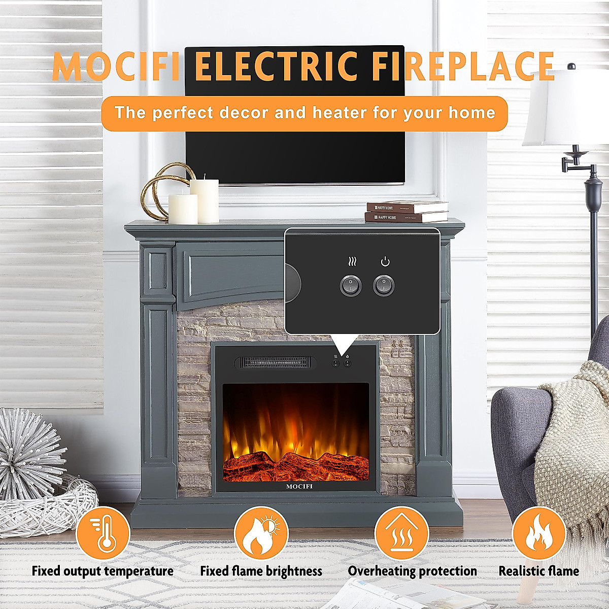 MOCIFI 18 inch Built-in Electric Fireplace Insert Heater, Recessed Freestanding Fireplace, Remote Control, Touch Screen, Adjustable Flame Brightness Speed, Low Noise, 1000W, Black