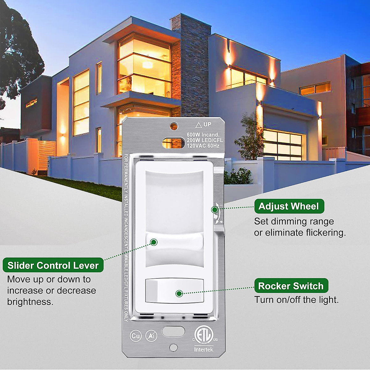 (6 Pack) UNIELE Ultra Slim Dimmer Light Switch, Max 300W Dimmable LED, CFL Lights, 600W Incandescent, Single-Pole or 3 Way LED Slide Dimmer Light Switch, 15A/120V/60Hz, ETL Listed, White