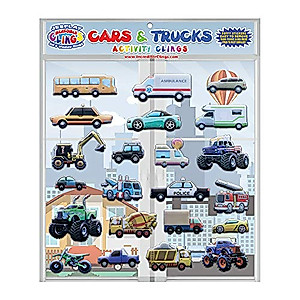 Cars and Trucks Window Clings for Kids & Toddlers (by Jesplay USA - Reusable Window Stickers Gels & Decals) Puffy Sticker Activites for Car Plane Home - Police, Race Cars, Monster, Tow, Fire Truck