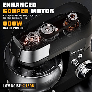 Lifecreek Stand Mixer, 5.3Qt 660W, 6-Speed Tilt-head Food Mixer, Electric Kitchen Portable Lightweight Mixer with Stainless Steel Bowl, Dough Hook, Whisk, Beater(Black)