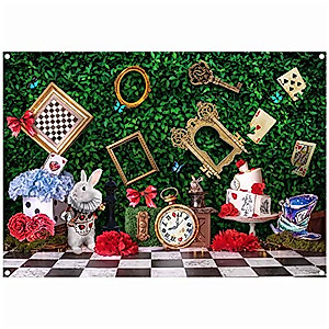 Yriujul 7x5ft Fabric Wonderland Enchanted Tea Party Photography Backdrop Kids Fairy Tale Green Grass Birthday Background Checkerboard Rabbit Photo Tapestry Props