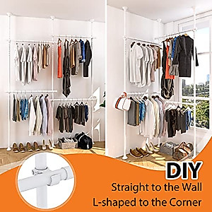 YeYeBest Clothes Rack, 2 Tier Closet Organizers And Storage Free Standing Closet Ceiling Link Floor Hanger for Hanging Clothes Adjustable Floor to Ceiling for Bedroom Laundry Room