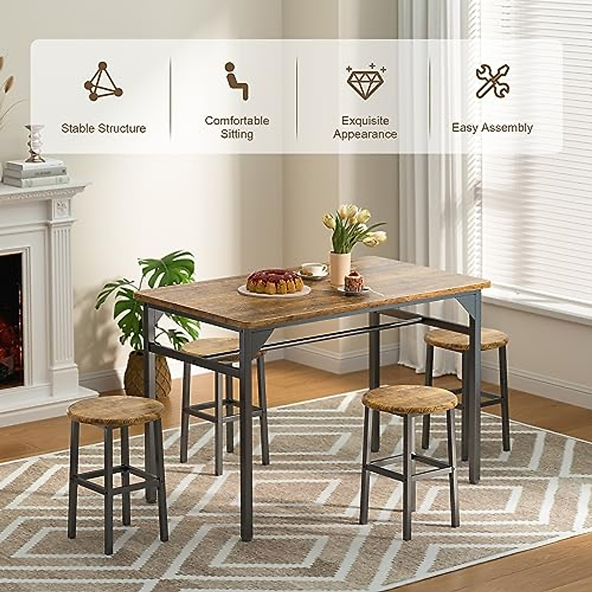 Qsun Dining Table Set for 4 People, 5-Piece Kitchen Table and Chairs Set, Retro Style Dining Table and Chairs for Small Apartment, Rustic Brown