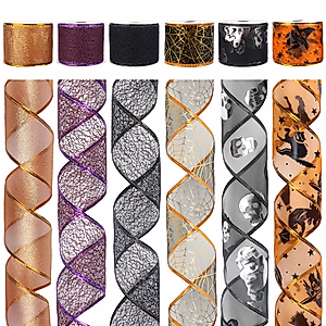 MEEDEE Halloween Ribbon - 6 Rolls, 36 Yards, Wired, Purple, Orange, Black, Skull Pattern