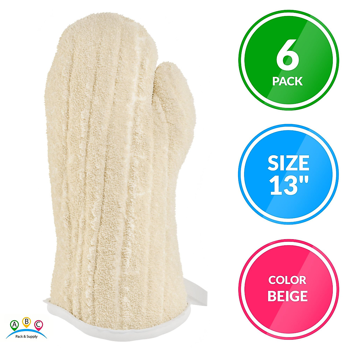 ABC Terry Cloth Oven Mitt 33 Cm. 3 Pairs of Beige Kitchen Oven Mitts Heat Resistant with 260 C Heat Resistance. Cut Resistant Cotton Oven Mittens for Kitchen with Top Loop. Washable Oven Gloves