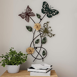 Lavish Home Garden Metal Wall Art Hand Painted 3D Butterflies/Flowers for Modern Farmhouse Rustic Home or Office Decor, (L) 15" x (W) 2" x (H) 24", Multi-Color