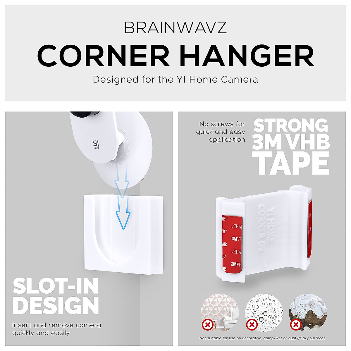 Corner Wall Mount for YI Home (3 Pack) Security Camera - Adhesive Holder, No Hassle Bracket, Strong 3M VHB Tape, No Screws, No Mess Install (White) by Brainwavz