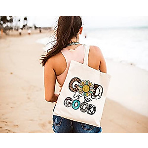 GXVUIS God is So Good Canvas Tote Bag for Women Aesthetic Sunflower Leopard Print Boho Reusable Shopping Bag Christian Gift White