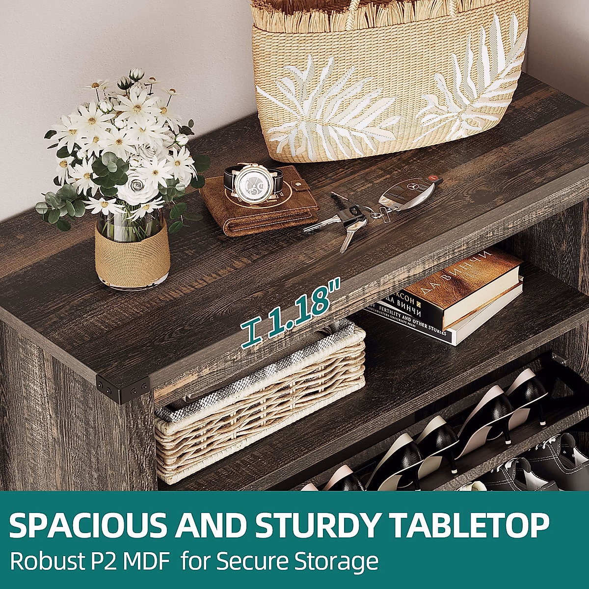 YITAHOME Shoe Cabinet with 2 Flip Drawers, Entryway Shoe Storage Cabinet with Open Shelves and Led Light, Free Standing Hidden Shoe Rack Organizer for Entryway/Hallway/Closet, Dark Rustic Oak