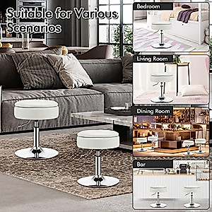 COSTWAY Counter Height Bar Stool, Tufted PU Leather 20"-26" H Adjustable Swivel Vanity Chair with Removable Tray Top and Storage Space, Modern Round Ottoman for Makeup Kitchen Island Shop, White