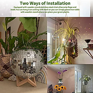Veramz Disco Ball Planter 8" - Hanging Disco Ball Planter Pot with Macrame Rope Chain and Wooden Stand - with Drainage Hole and Plug - Mirror Ball Disco Decor Hanging Planter for Indoor Plants(Silver)