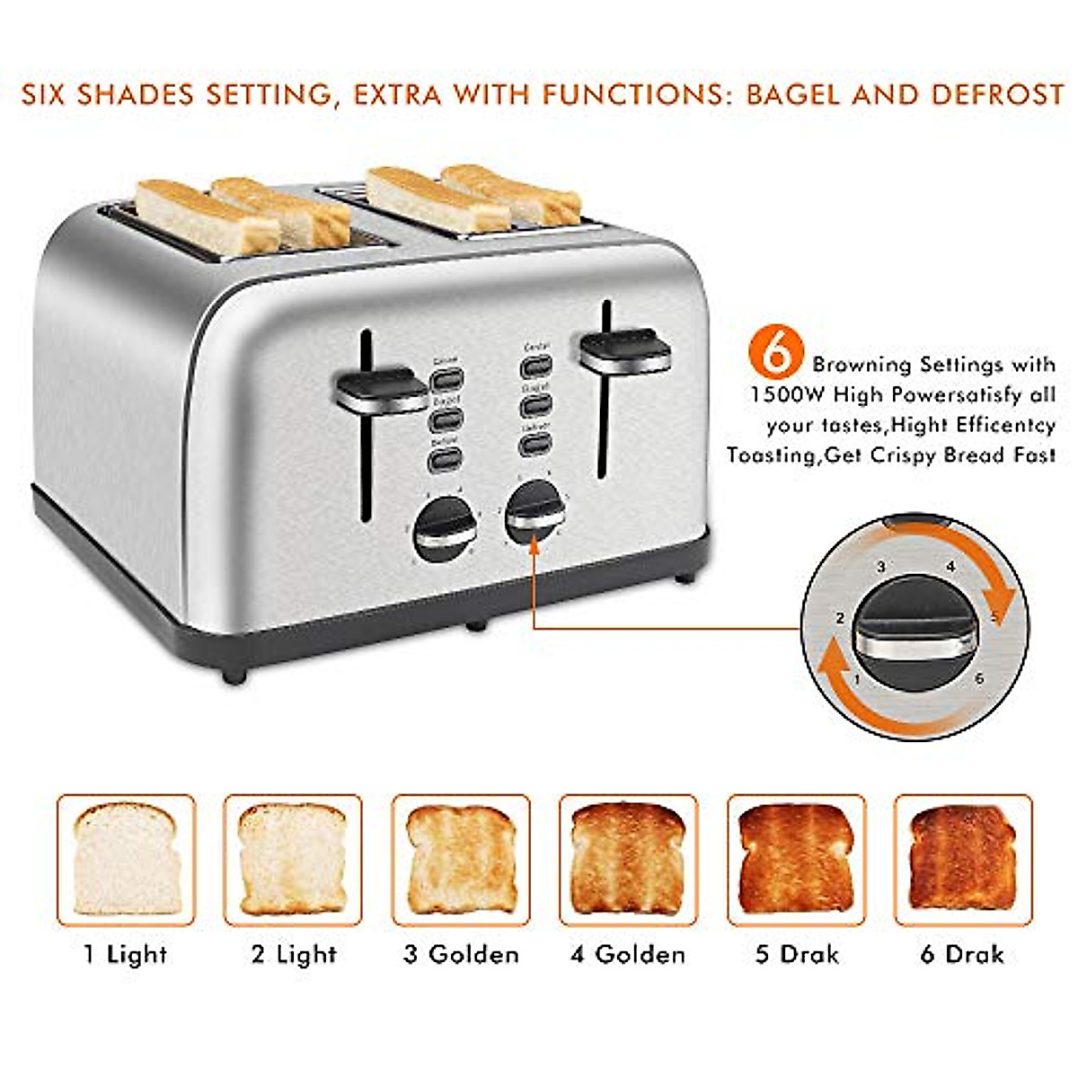 Schloß 4 Slice Toaster, Extra Wide Slot for Bread, Stainless Steel, 6 Shade Settings, Bagel/Defrost/Cancel with Removal Crumb Tray (30222)