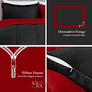 LOVTEX 3PCS Black and Red Comforter Set Queen - Ultra Soft Washed Microfiber Comforter Queen Set - Reversible Down Alternative Red Comforter Queen with 2 Pillow Shams(Red/Black)