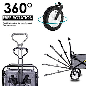 Suuim Folding Garden Wagon Cart Outdoor Park Collapsible Utility Wagon Picnic Camping Cart for Outdoor/Festivals/Camping (B:Gray)