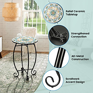 Side Table, 14" Round End Table, Unique Relief Ceramic Tile Tabletop with Metal Frame, Metal Scrollwork Accent Table, Coffee Tea Table Nightstand for Living Room, Bedroom, Indoor Outdoor Use