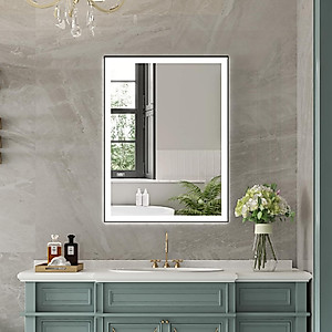 WELLFOR 24W x 32L Wall-Mounted Framed Bathroom Vanity Mirror, Smart Mirror W/Lights for Bathroom Hotel, Led Mirror Includes Dimmer Defogger, Vertical/Horizontal Installation, Rectangle, Matte Black