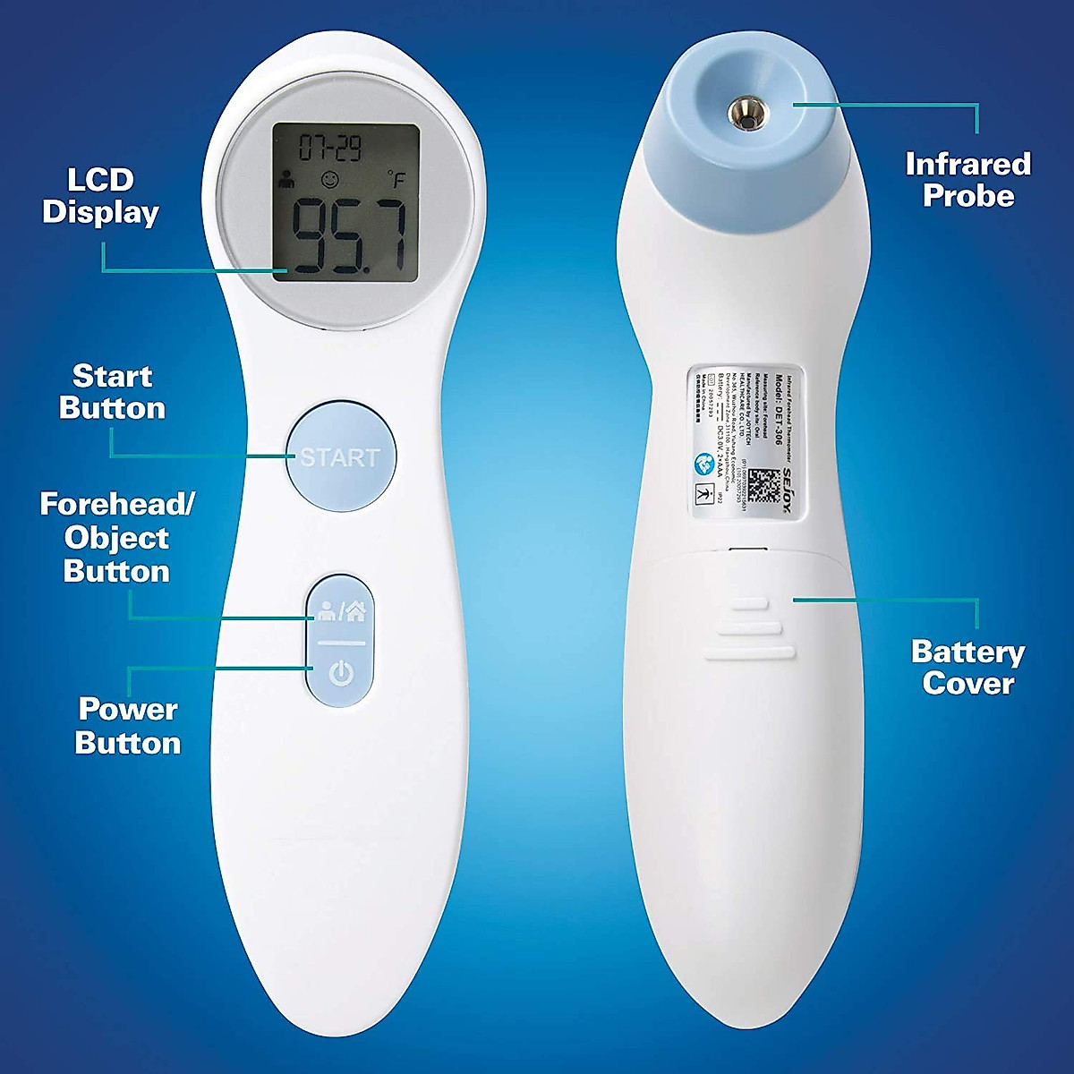 Digital Forehead Thermometer - Infrared - White (Body Temperature Reader, Lightweight, Compact)