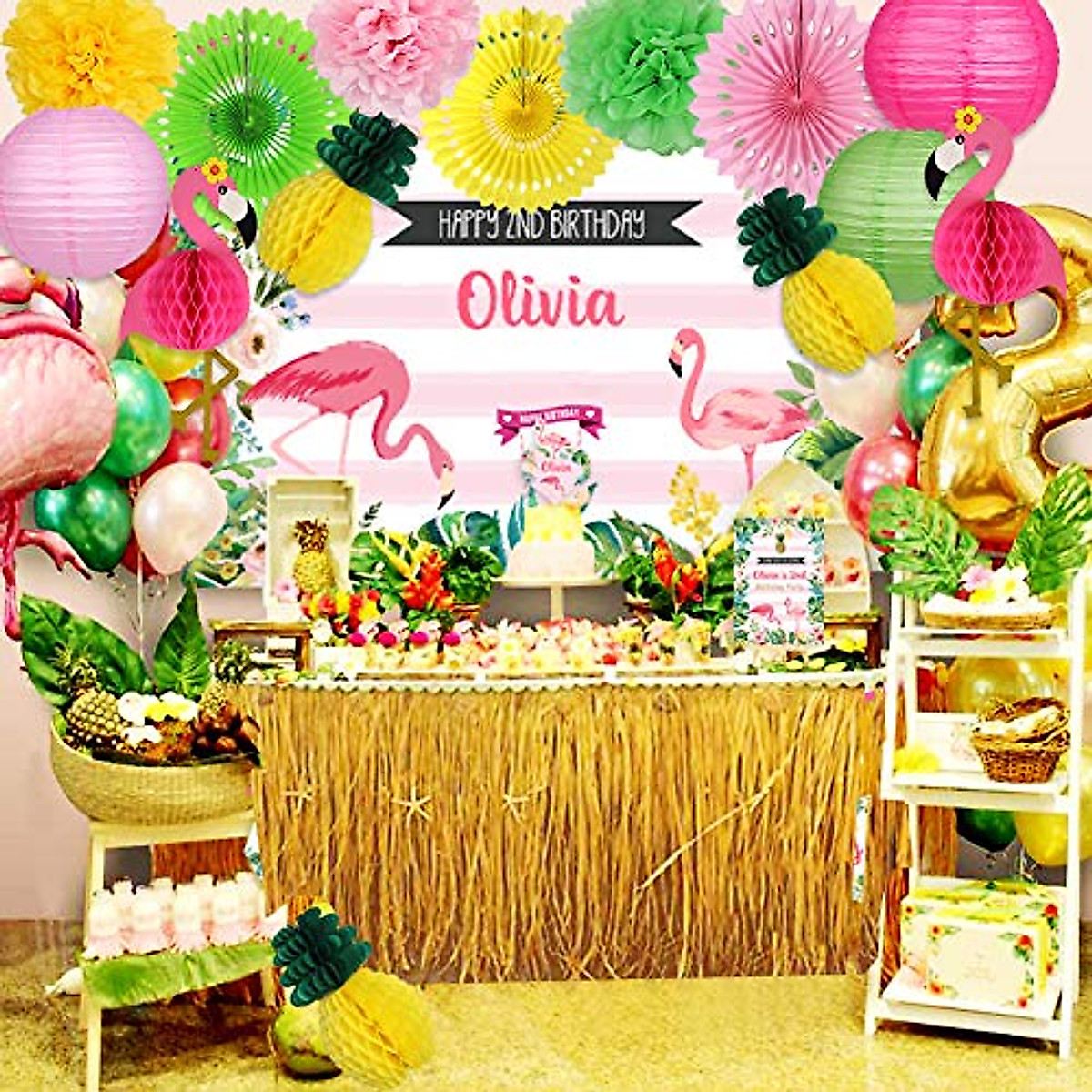Flamingo Party Supplies, Hawaiian Party Decorations Flamingo and Pineapple Honeycomb Ball Paper Lanterns Paper Fans Pom poms Flowers for Birthday Luau Tropical Bachelorette Party