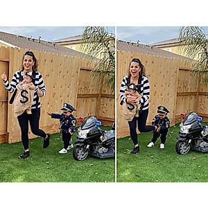 Adult Robber Costume Men Striped T-Shirt Bank Burglar Thief Cop and Robbers Cosplay Halloween Costumes with Accessories Hat Mask Canvas Money Bag Gloves Gem Gold Coin EN035M