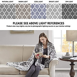 Beautyrest Ogee Printed Plush Electric Blanket for Cold Weather, Fast Heating, Auto Shut Off, Virtually Zero EMF, Multi Heat Setting, UL Certified, Machine Washable, Grey Oversized Throw 60x70