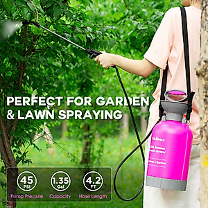 Pump Sprayer Set 1.35 Gallon, ThinkLearn Pressure Sprayer in Lawn & Garden, with Gloves, Measuring Cup and Spare Parts, Portable Hand Sprayer for Yard, Plant Water and Cleaning, 5L Pink