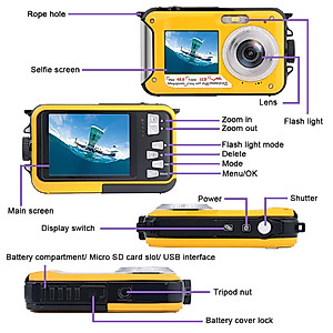 Underwater Camera Full HD 2.7K 48MP Waterproof Camera for Snorkeling Dual Screen Waterproof Camera Digital with Self-timer and 16X Digital Zoom