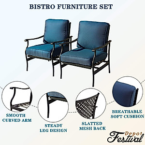 Festival Depot Patio Set of 2 Dining Chairs with Thick Cushions Metal Frame Outdoor Furniture for Bistro Deck Garden (Blue)