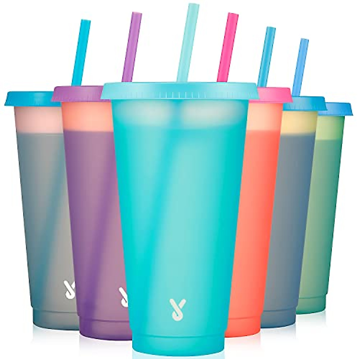 Meoky Plastic Cups with Lids and Straws - 6 Pack 24 oz Color Changing Cups with Lids and Straws Bulk, Reusable Cups with Lids and Straws for Adults Kid Women Party, Cute Cold Cups for Iced Coffee