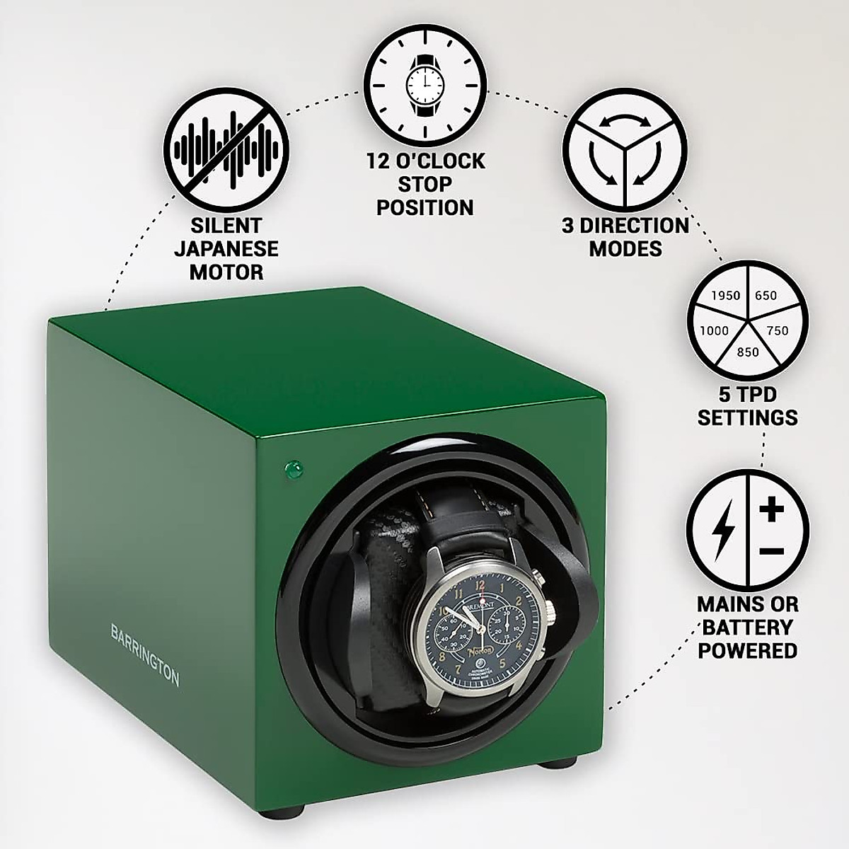 BARRINGTON Single Watch Winder for Automatic Watches with Silent Japanese Motor | Watch Winder for Rolex, Omega & Others | Adjustable TPD 650-1950 | AC Operated | Battery Backup (Racing Green)
