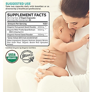 USDA Organic Lactation Supplement - Increase Milk Supply with Herbal Breastfeeding Support - Aid for Mothers - Organic: Fenugreek Seed, Fennel & Milk Thistle - 60 Vegan Capsules (No Pills or Cookies)