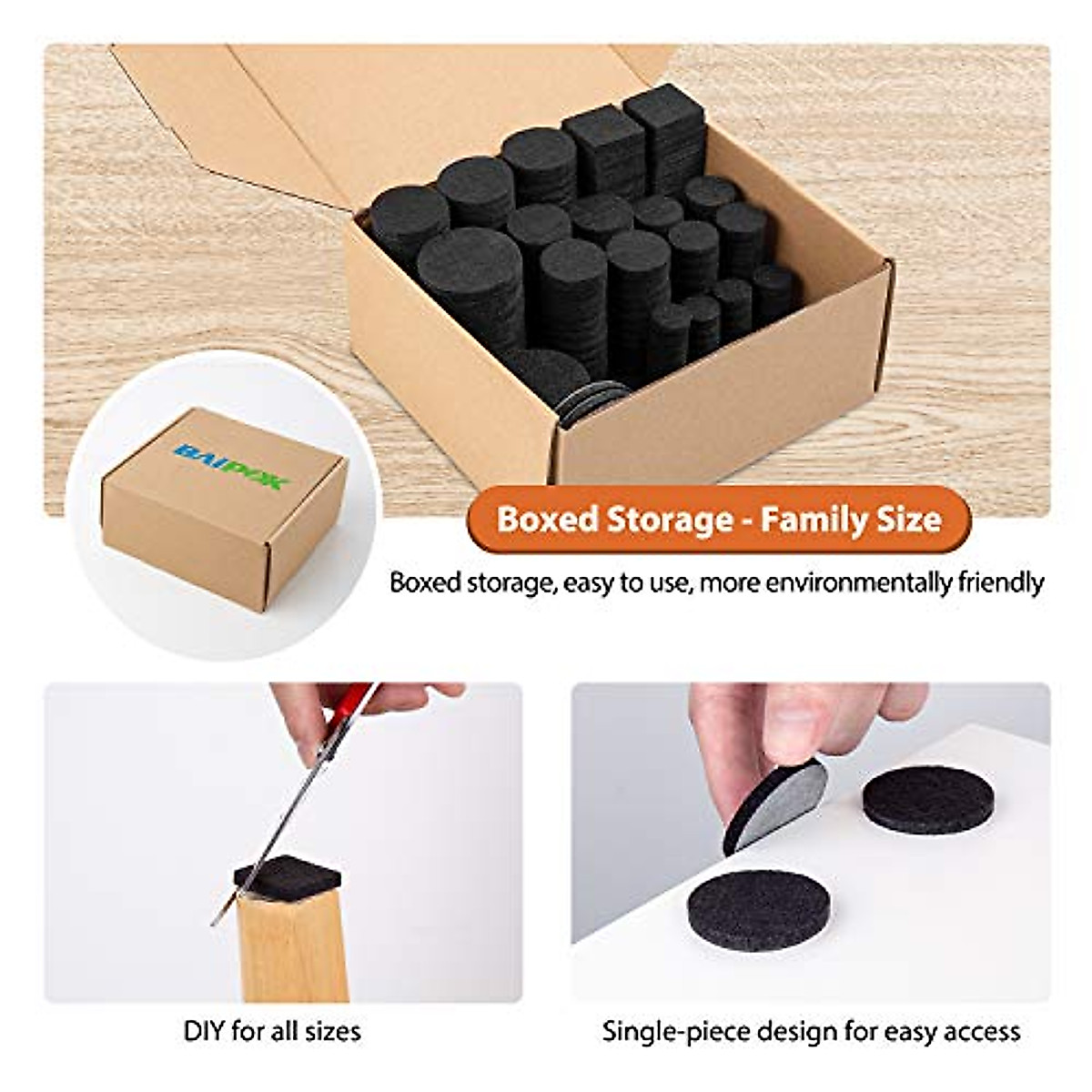 Furniture Pads 300 Pieces Felt Furniture Pads Premium Huge Pack, BAIPOK 5mm Thick Self Adhesive Anti Scratch Floor Protectors for Desk Chair Legs and 60 Rubber Bumpers for Hardwood Tile Floor