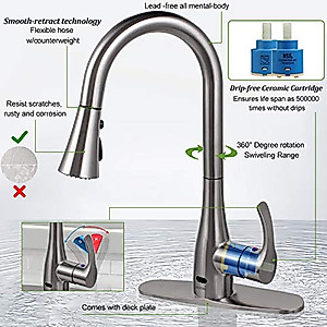 Motion Sensor Automatic Kitchen Faucet Touchless, monbar Pull Down Single Handle One/3 Hole 3 Setting Sprayer Brushed Nickel Solid Brass Kitchen Faucets Spot Free Lead-Free