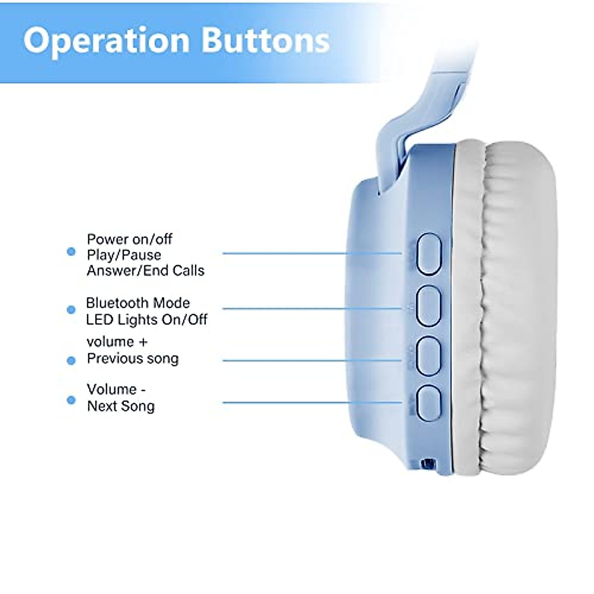 YCDTMY Cat Ear Headphone,Kids Wireless Headphones, Cat Ear LED Light Up Foldable Headphones Over Ear with Microphone, Stereo Sound, FM Radio,TF Card, Headset for Phones/Pad/Smartphones/Laptop (Blue)